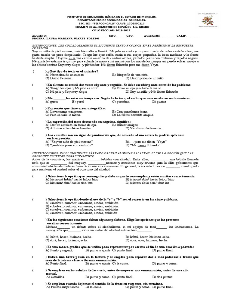 Examen 1 Español 1 | PDF | Coma