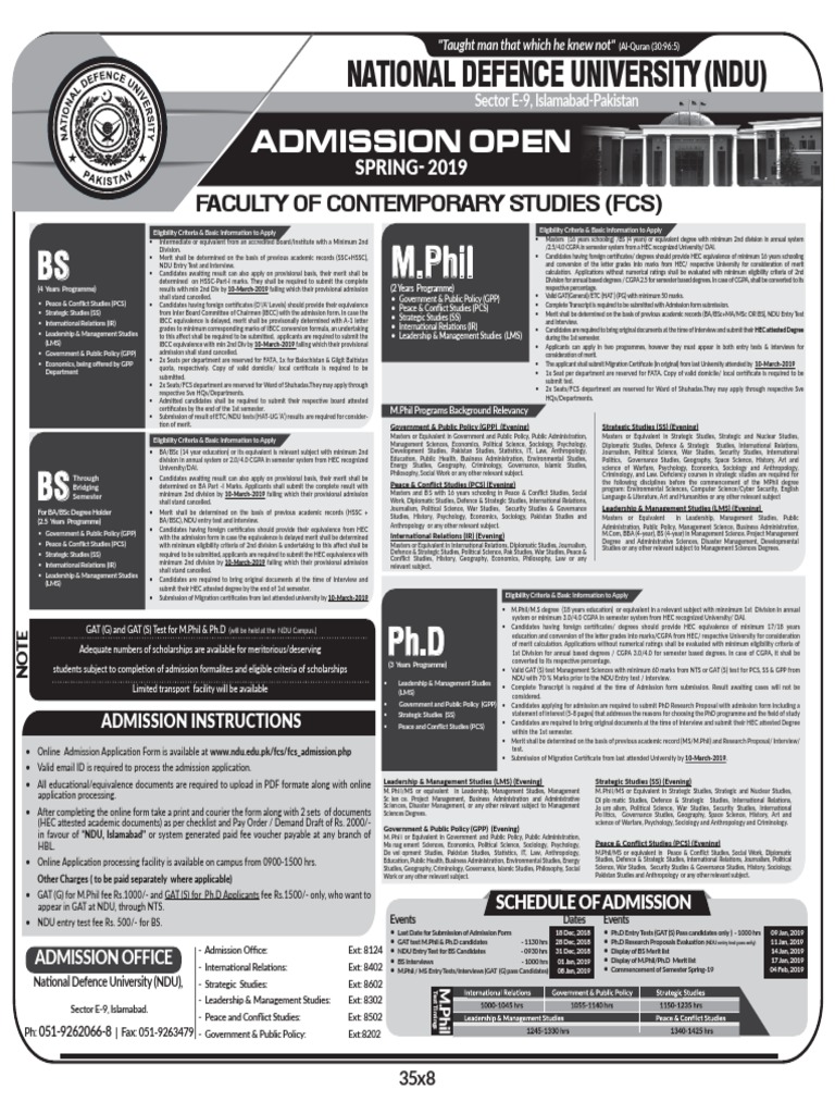 NDU Admissions Spring 2019 | PDF | University And College Admission ...
