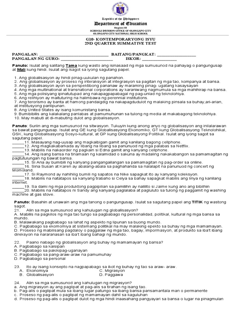 2nd Quarter Summative Test With Answer Key.1 | PDF