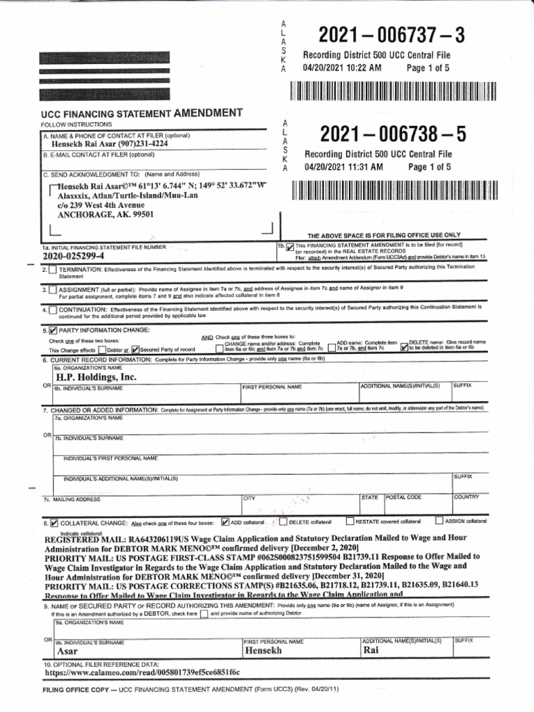 UCC-3 Amendment Form DEBTOR ADD /COLLATERAL ADD (Registered Numbers ...