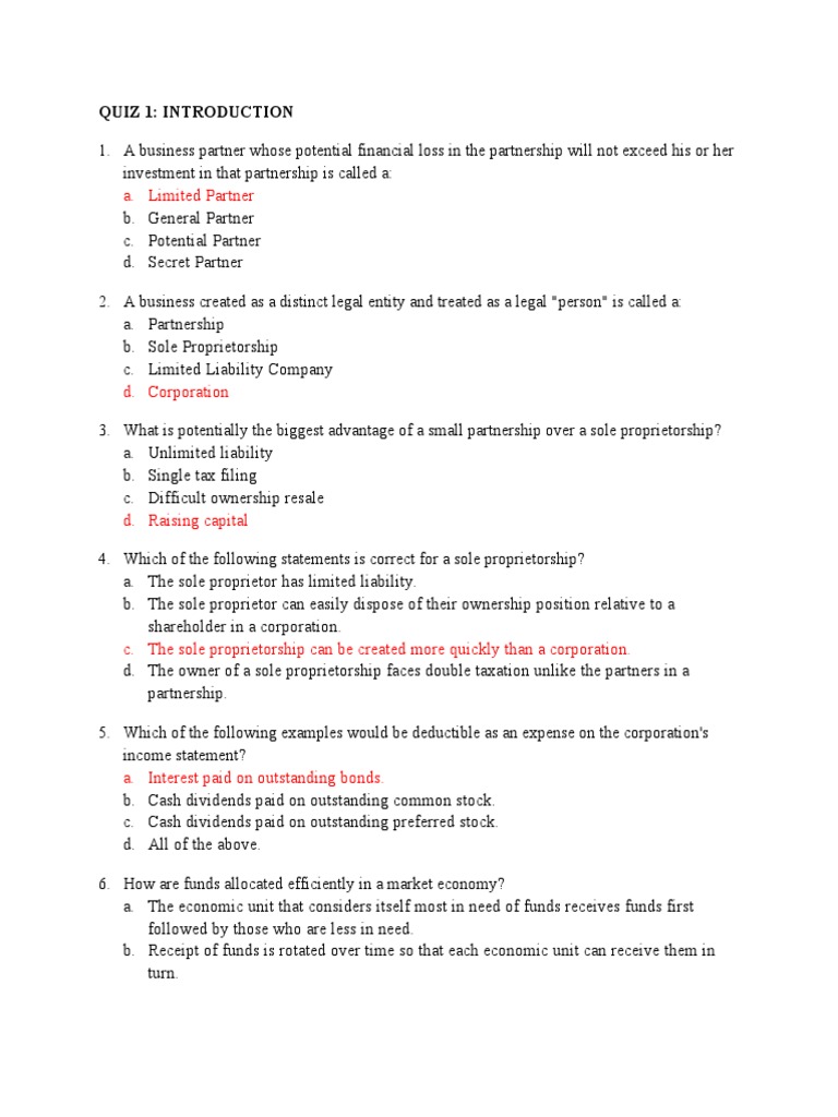 Business Basics Quiz | PDF | Sole Proprietorship | Corporations
