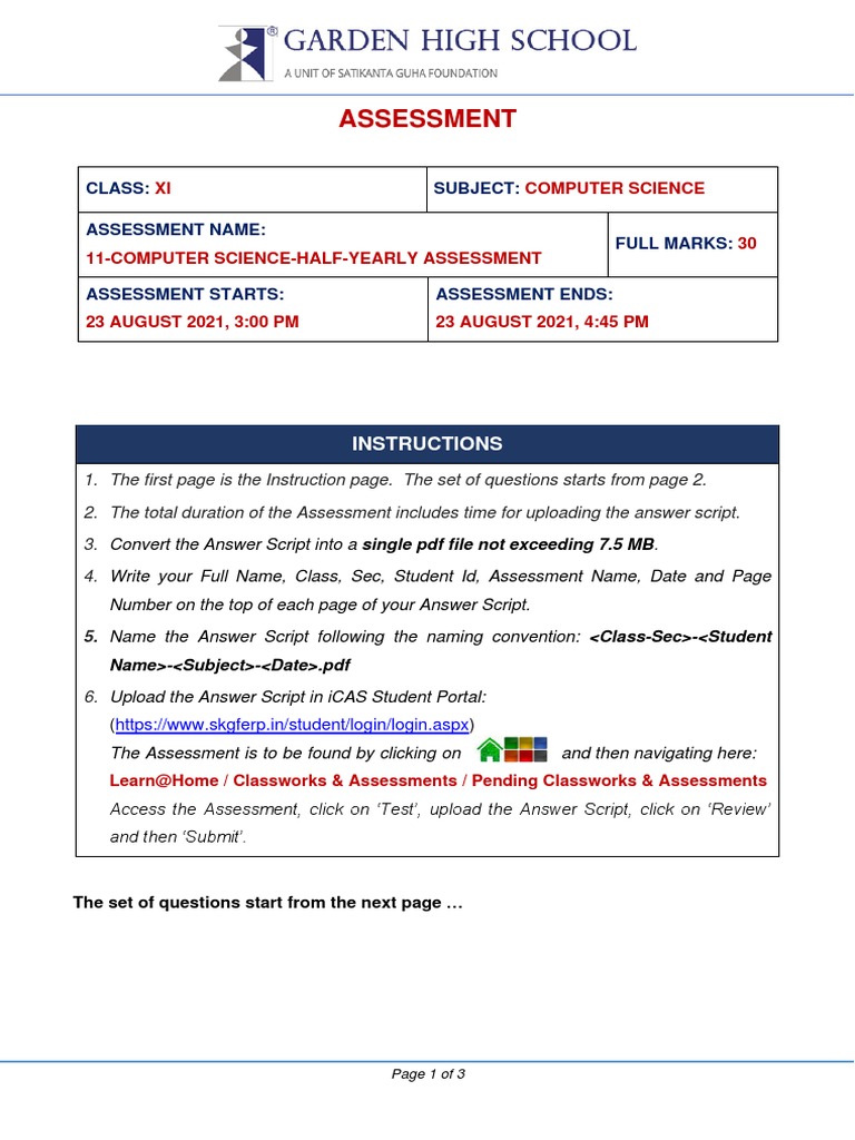 Assessment: Class: Subject: Assessment Name: Full Marks | PDF | Array ...