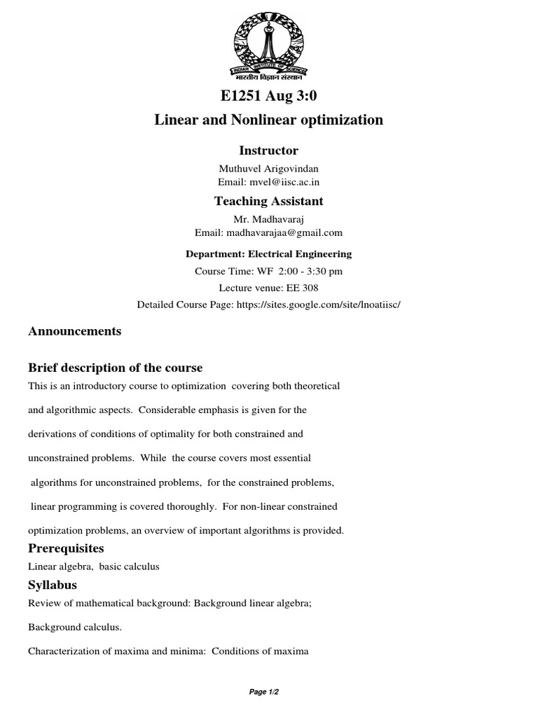 E1251 Aug 3:0 Linear and Nonlinear Optimization: Instructor | PDF ...