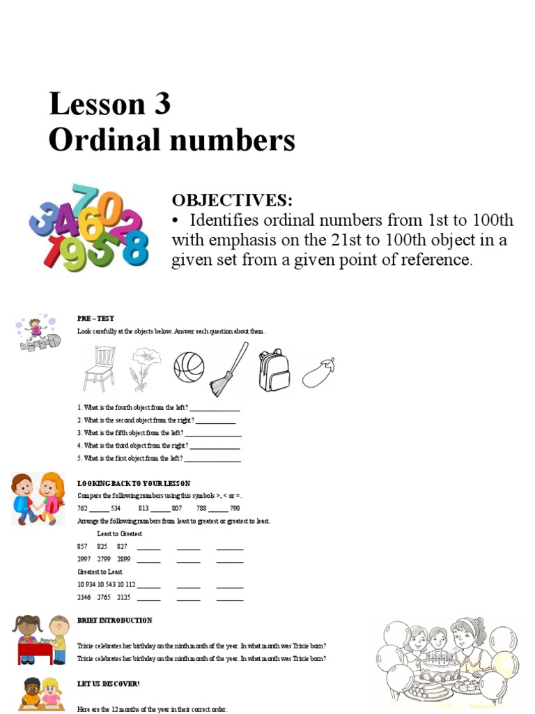 Lesson 3 Ordinal Numbers: Objectives: - Identifies Ordinal Numbers From ...