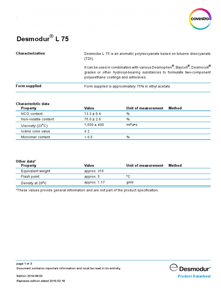 Desmodur L 75 - en - 82358391 12978387 13422316 | PDF | Safety | Plastic