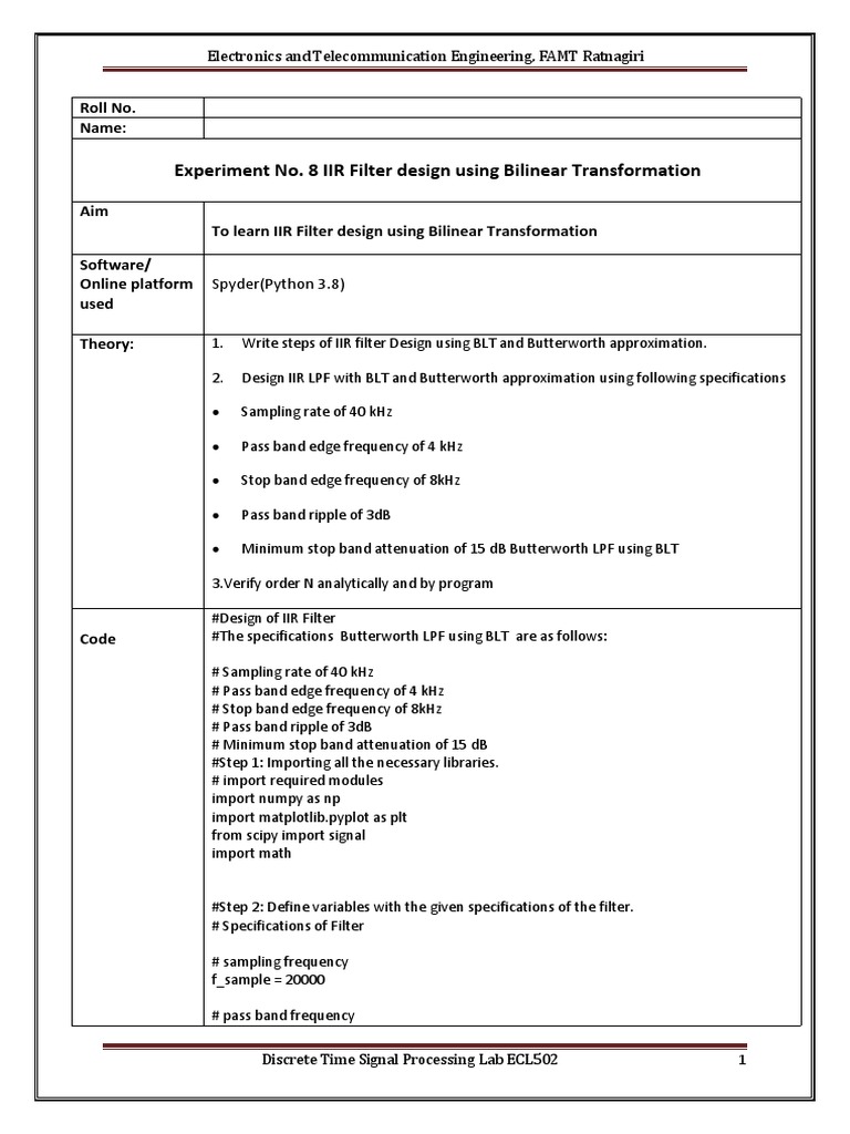 Expt - 8 - IIR Filter Design Using BLT and Butterwoth Approximation | PDF | Filter (Signal ...