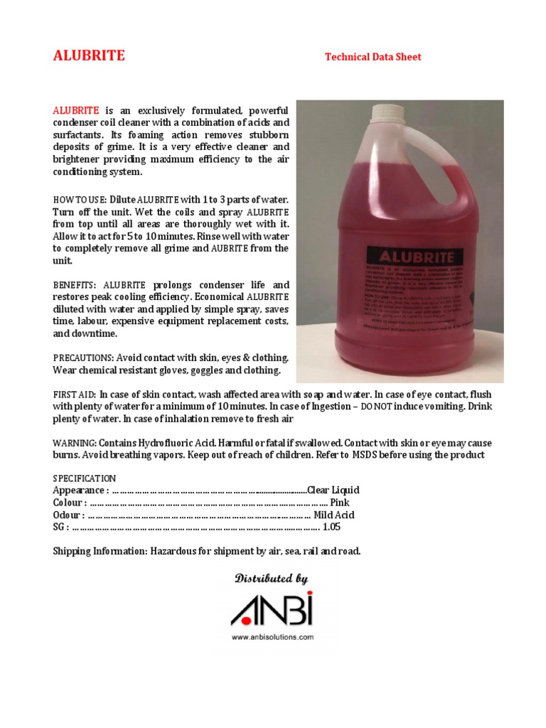 Alubrite Coil Cleaner Technical Data Sheet | PDF | Home & Garden