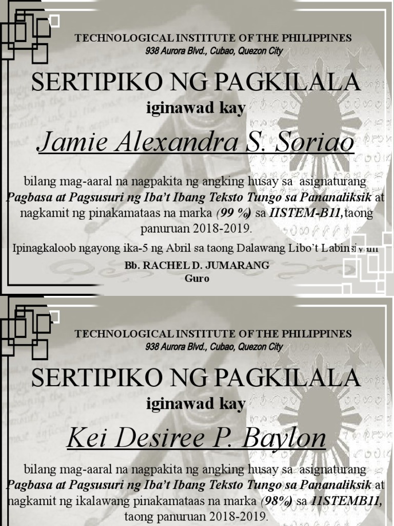 Sertipiko NG Pagkilala: Jamie Alexandra S. Soriao | PDF