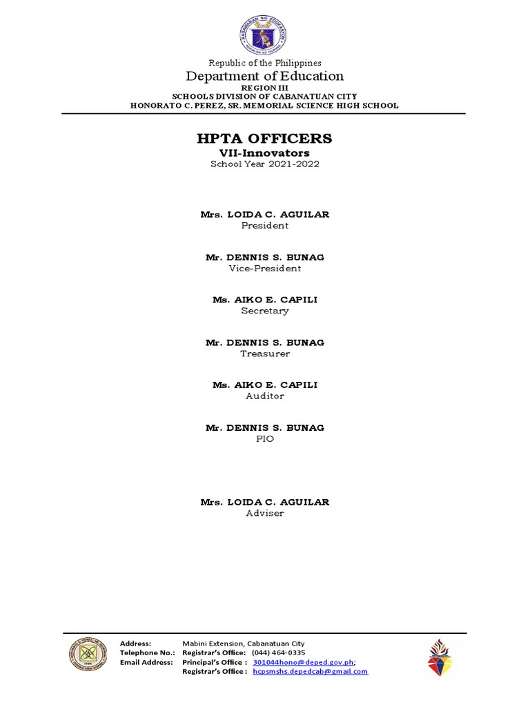 Department of Education: Hpta Officers | PDF