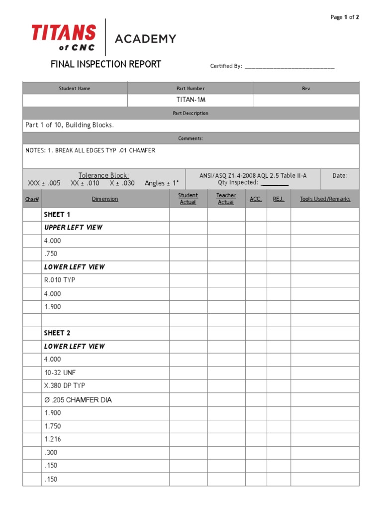 Final Inspection Report: Notes: 1. Break All Edges Typ .01 Chamfer | PDF