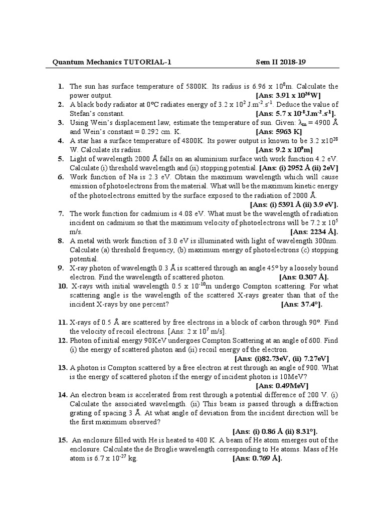 Quantum Mechanics Problem Set | PDF | Photoelectric Effect | Electron