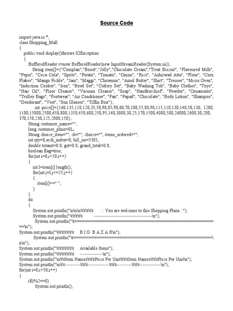 Java Shopping Mall Billing System | PDF | Foods | Food And Drink