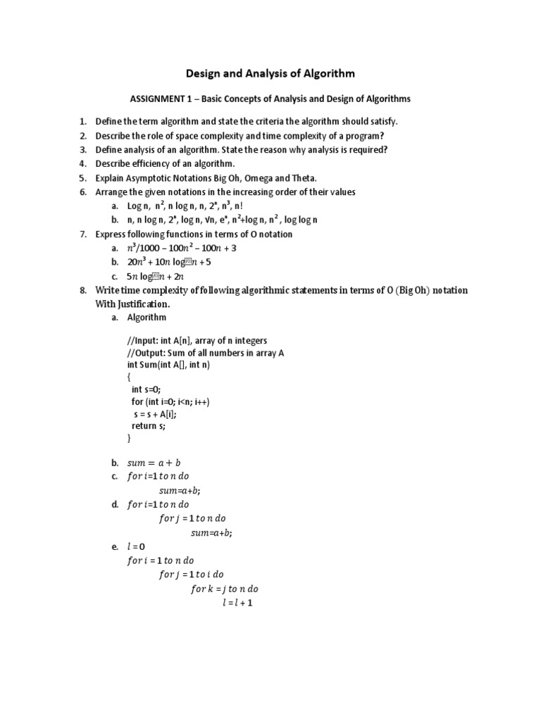 ASSIGNMENT 1 - Basic Concepts of Analysis and Design of Algorithms | Download Free PDF | Time ...