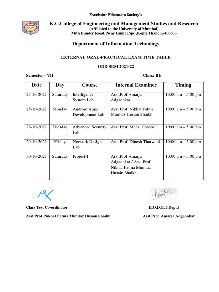 Be-It External Oral Practical Time Table Odd Sem 2021 | PDF