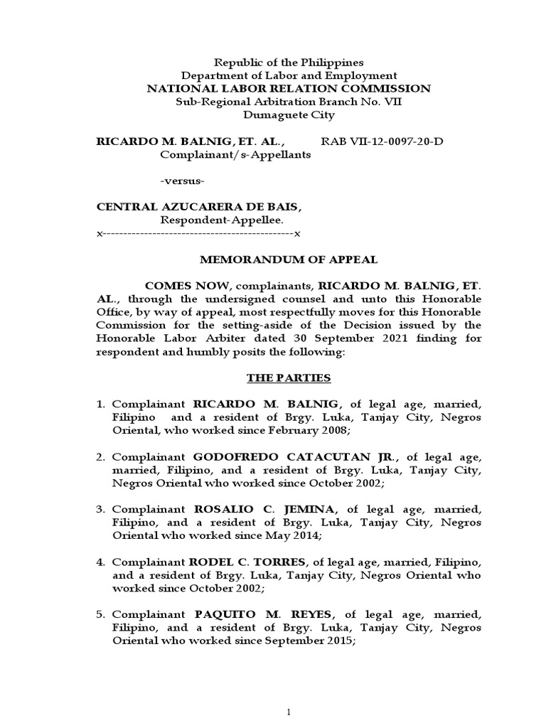 Memorandum of Appeal - Nlrcpaquitocab | PDF | Employment | Damages