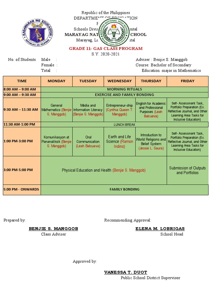 Marayag National High School: Grade 11-Gas Class Program | PDF