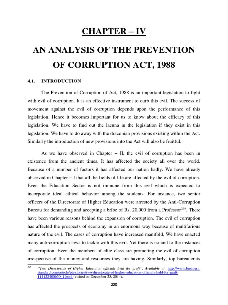 Chapter - Iv An Analysis of The Prevention of Corruption Act, 1988 | PDF | Corruption | Crimes