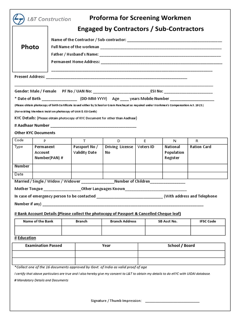 Proforma For Screening Workmen Engaged by Contractors / Sub-Contractors ...