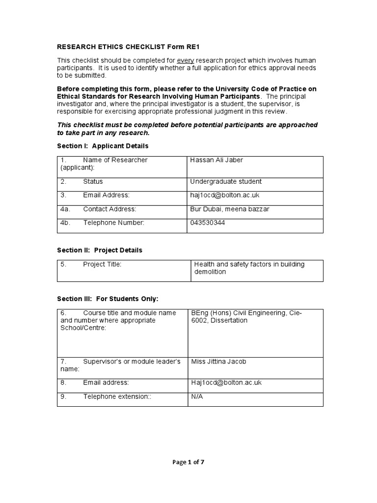 Research Ethics Checklist Form RE1 | PDF | Thesis | Applied Ethics