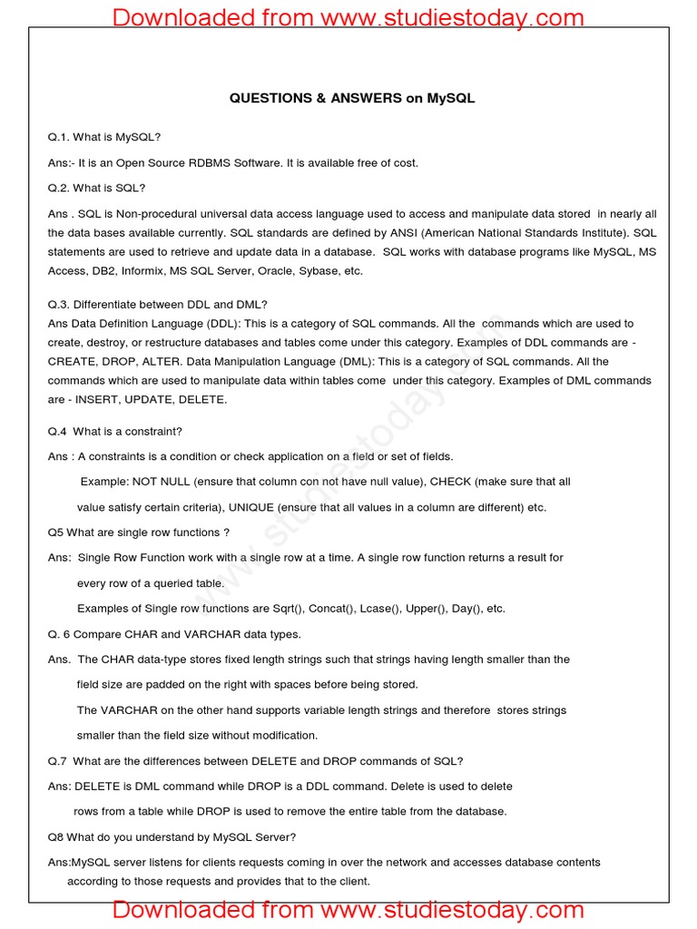 Cbse Class Xi Informatics Practices Introduction To Mysql Questions Unlocked Pdf Sql 6519
