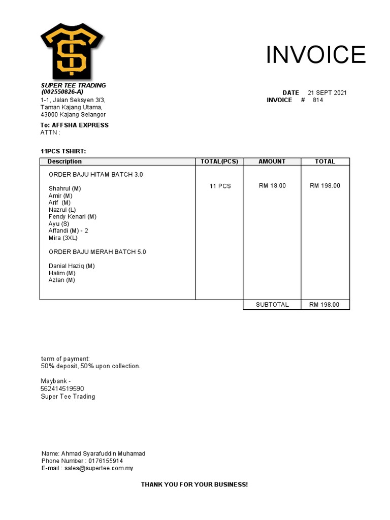 Super Tee Trading Invoice #814 | PDF