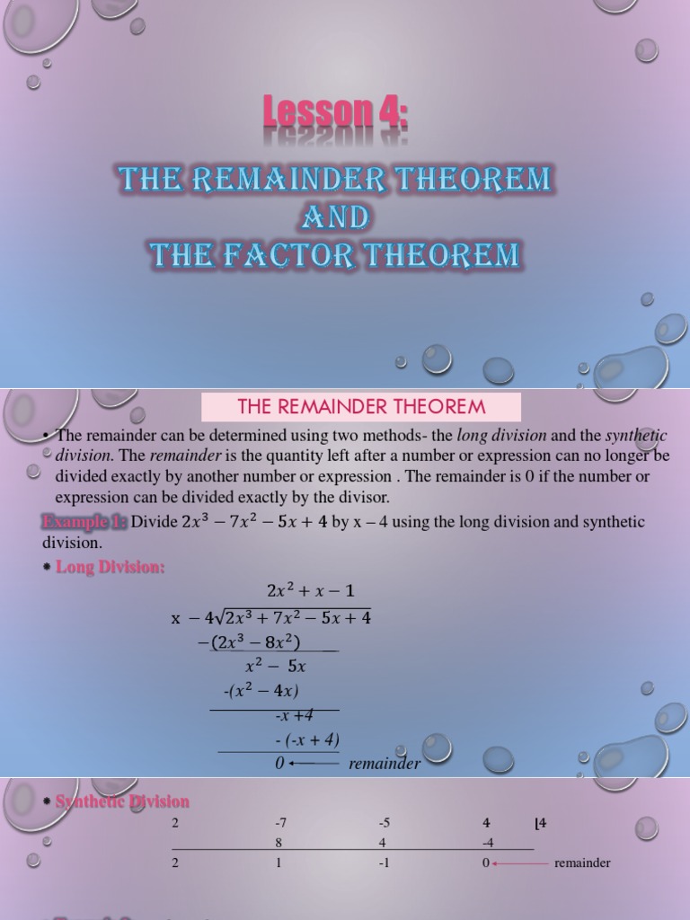 Remainder and Factor Theorem Guide | PDF | Factorization | Computational Science