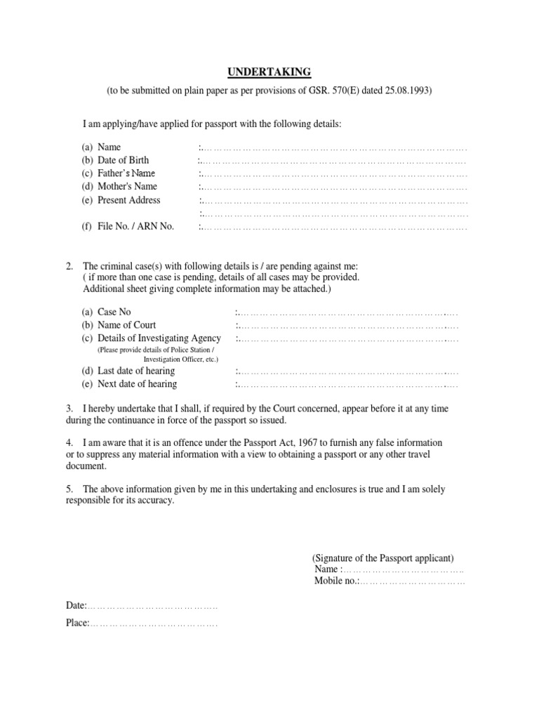 Undertaking: (Please Provide Details of Police Station / Investigation ...