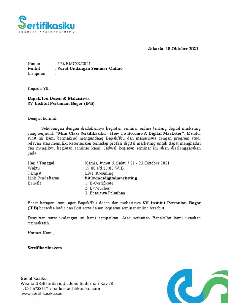 Surat Undangan Seminar Online Sertifikasiku - IPB | PDF