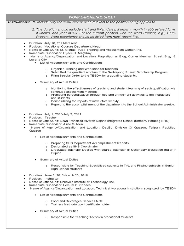 Work Experience Sheet 3 Copies | PDF | Teachers | Vocational Education