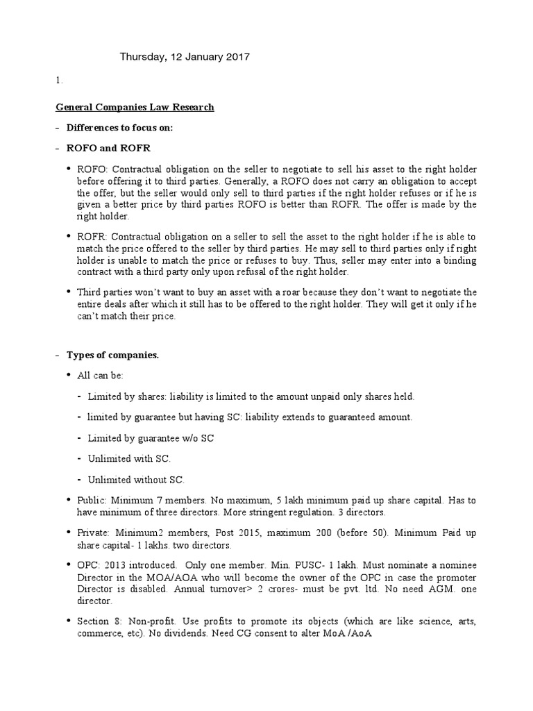 General Companies Law Research Differences To Focus On: Rofo and Rofr ...