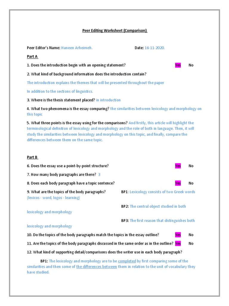 Peer Editing Worksheet - Comparison | PDF | Paragraph | Morphology ...