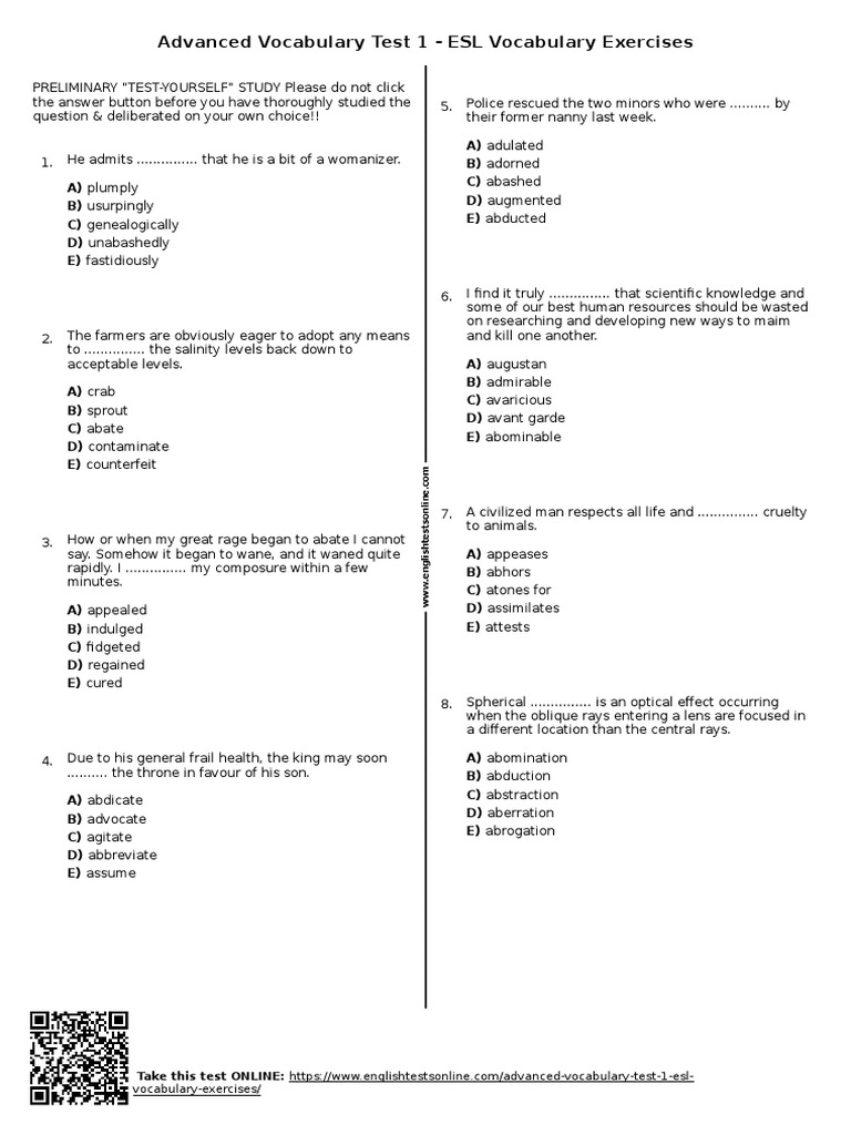 650 Advanced Vocabulary Test 1 Esl Vocabulary Exercises | PDF | Young Adult