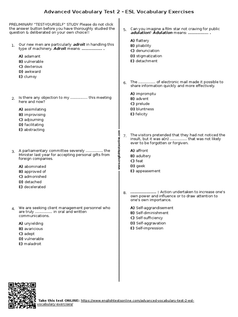 Advanced Vocabulary Test 2 - ESL Vocabulary Exercises | PDF