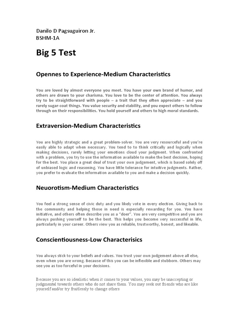 Big 5 Test: Opennes To Experience-Medium Characteristics | PDF ...