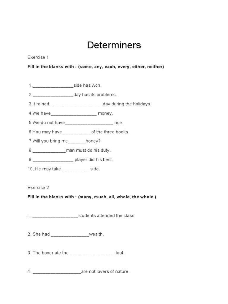 Determiners: Fill in The Blanks With: (Some, Any, Each, Every, Either, Neither) | PDF