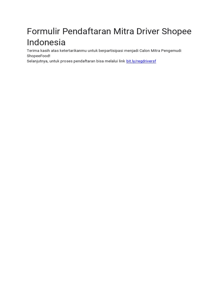 Formulir Pendaftaran Mitra Driver Shopee Indonesia | PDF