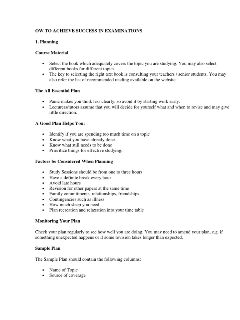 Ow To Achieve Success in Examinations 1. Planning Course Material | PDF ...