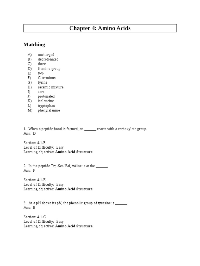 Chapter 4: Amino Acids: Matching | Download Free PDF | Amino Acid ...