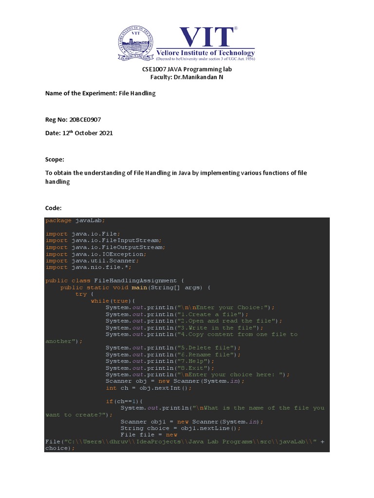 CSE1007 JAVA Programming Lab Faculty: DR - Manikandan N: Name of The Experiment: File Handling ...