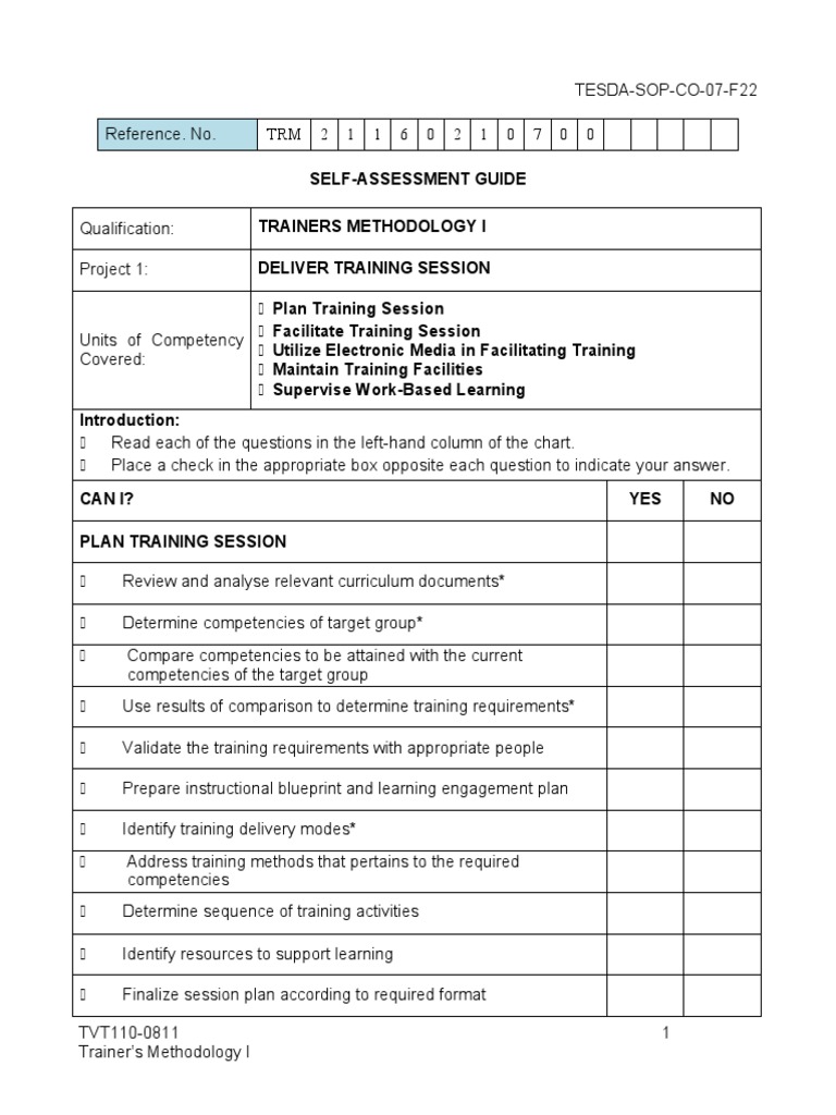 Self-Assessment Guide Trainers Methodology I Deliver Training Session ...