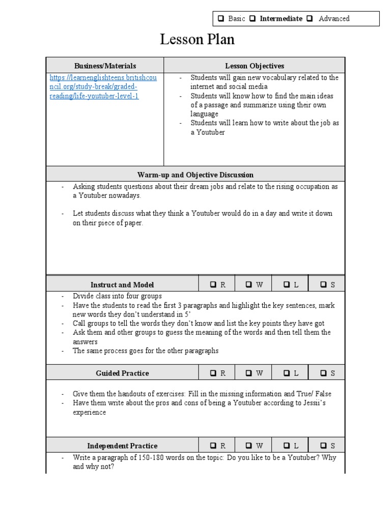 Lesson Plan - ReadingandWriting - Lan Ngo | PDF