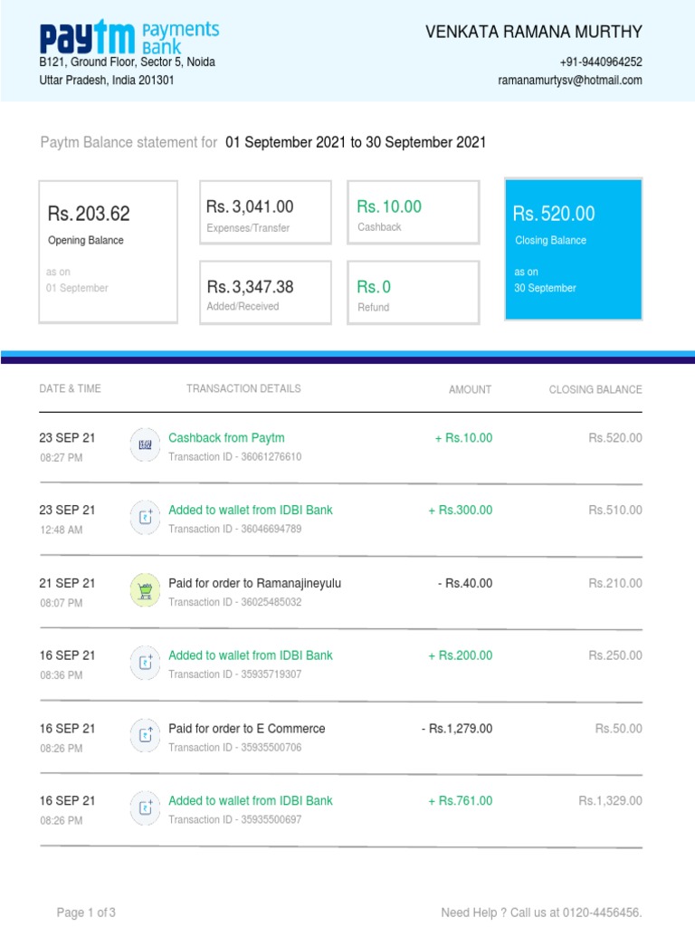 Paytm Statement Sep2021 9440964252 | PDF | Banks | Economies