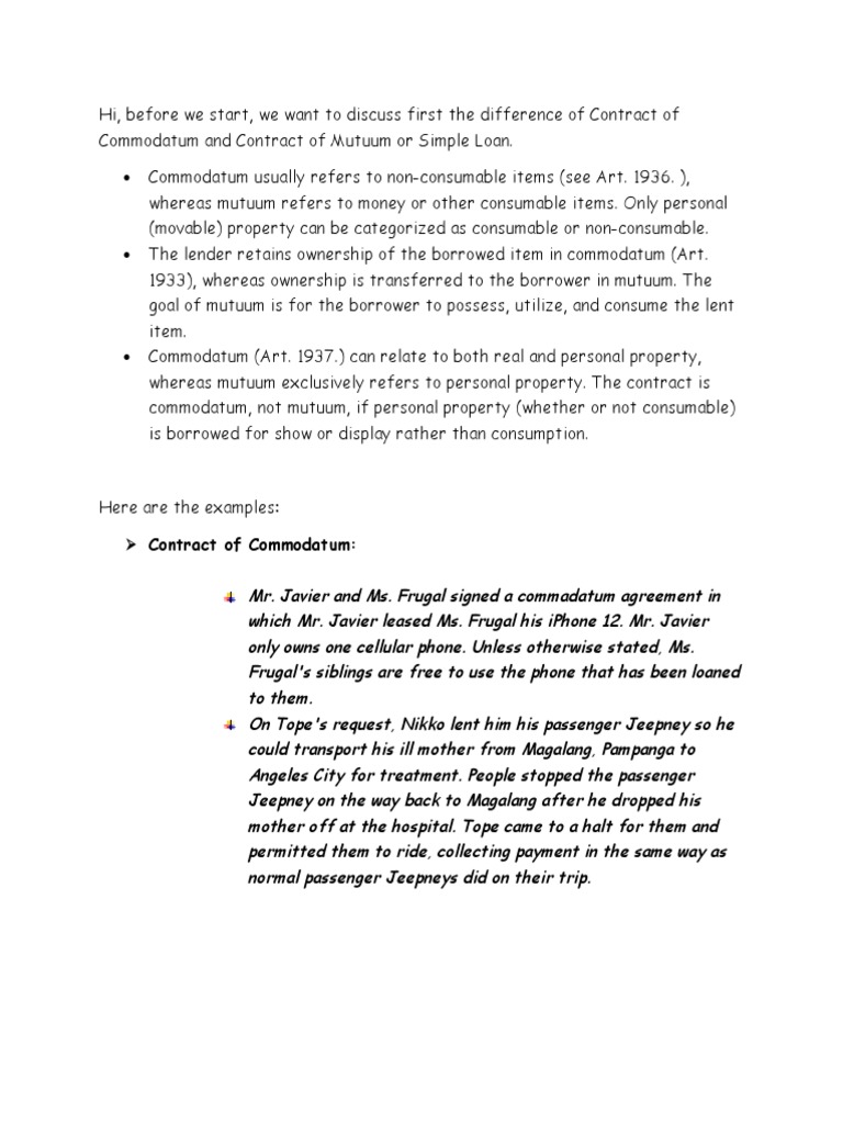 Contract of Commodatum | PDF | Loans | Interest