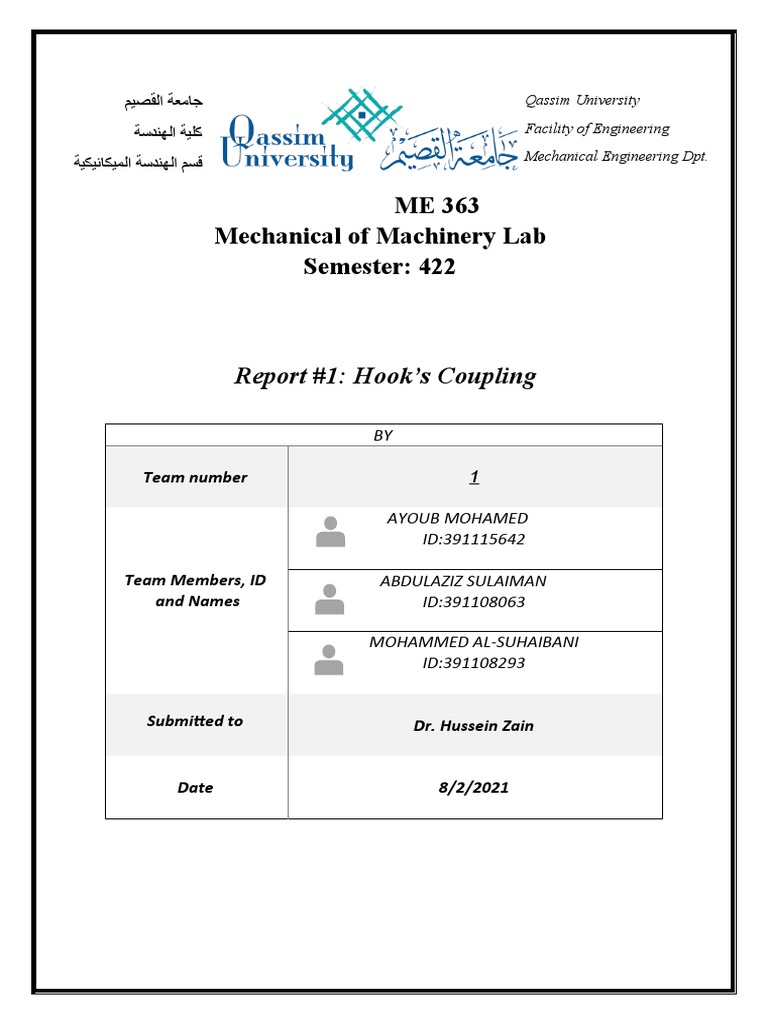 ME 363 Mechanical of Machinery Lab Semester: 422: Report #1: Hook's Coupling | PDF | Mechanical ...