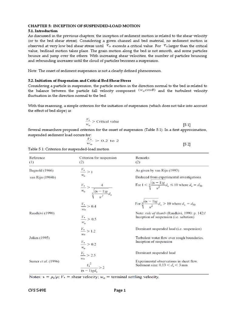 Chapter 5: Inception of Suspended-Load Motion: CVS 549E | Download Free ...