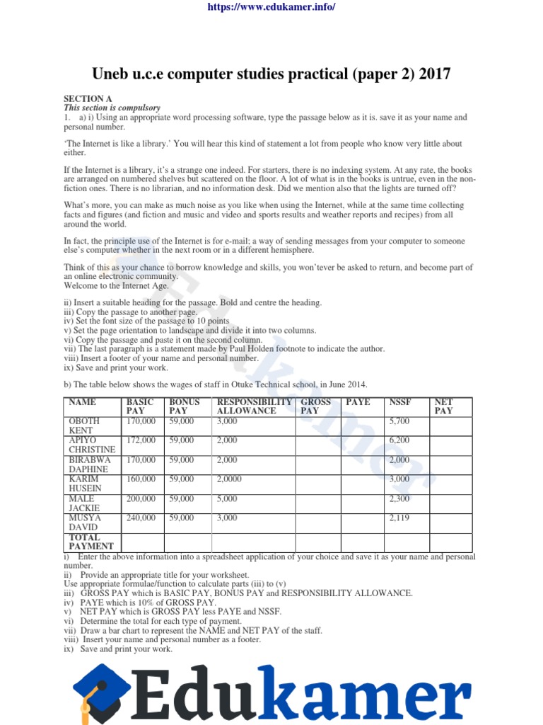 Uneb U.C.E Computer Studies Practical (Paper 2) 2017: This Section Is ...