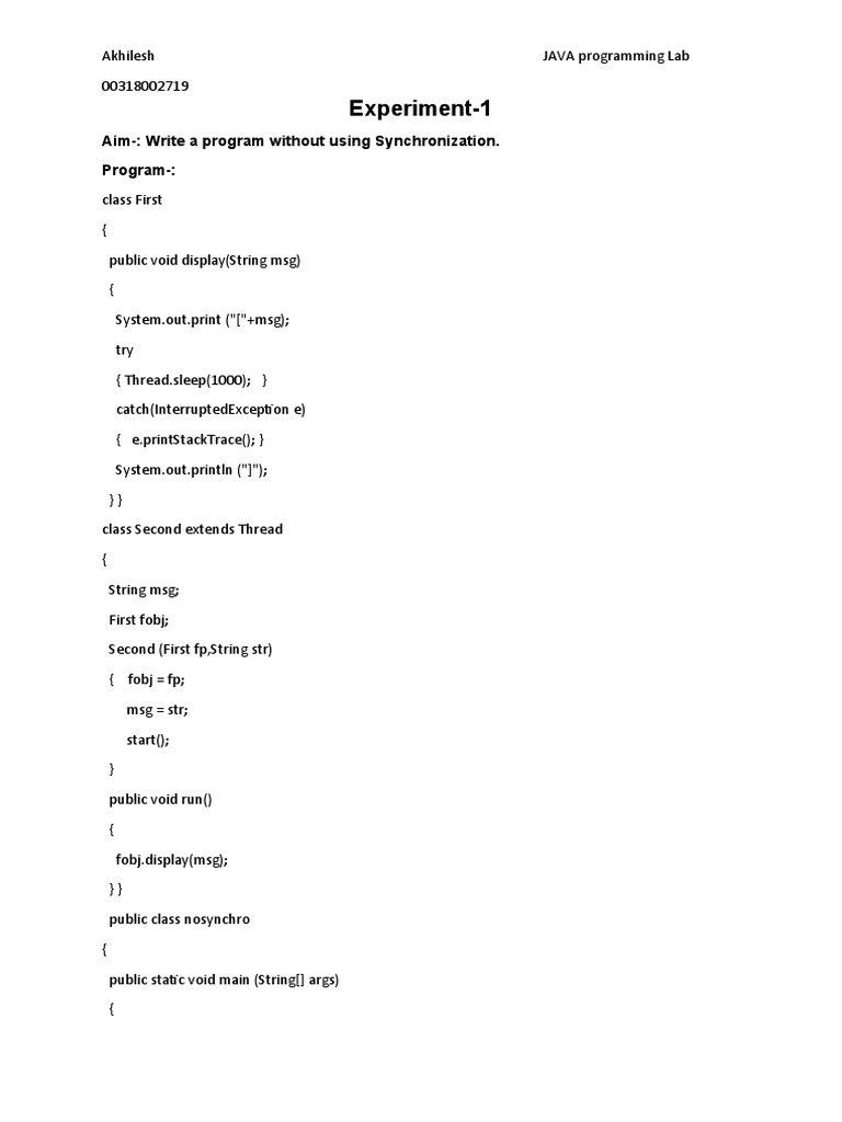 Akhilesh - 00318002719 - Synchronization | PDF | Java (Programming ...