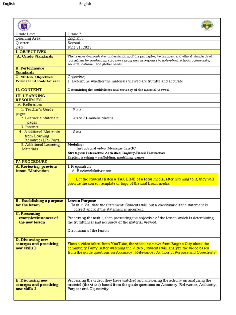 Cot Lesson Plan June 2021 | PDF | Learning | Cognition