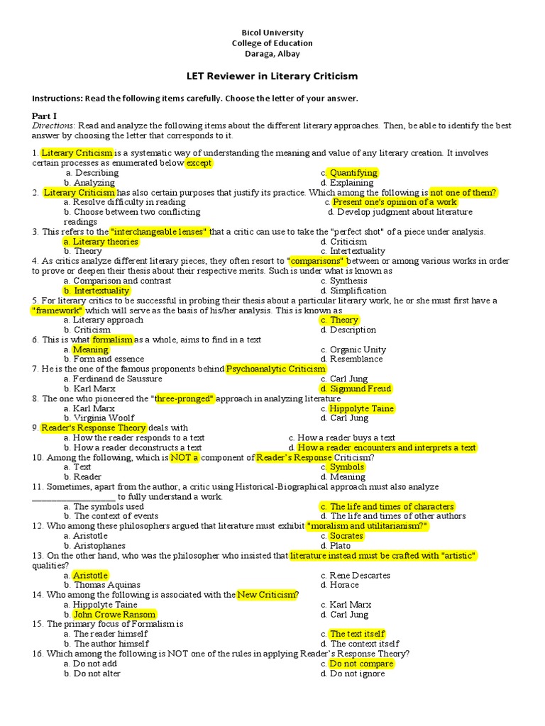 Literary Criticism LET Reviewer | PDF | Philosophical Theories