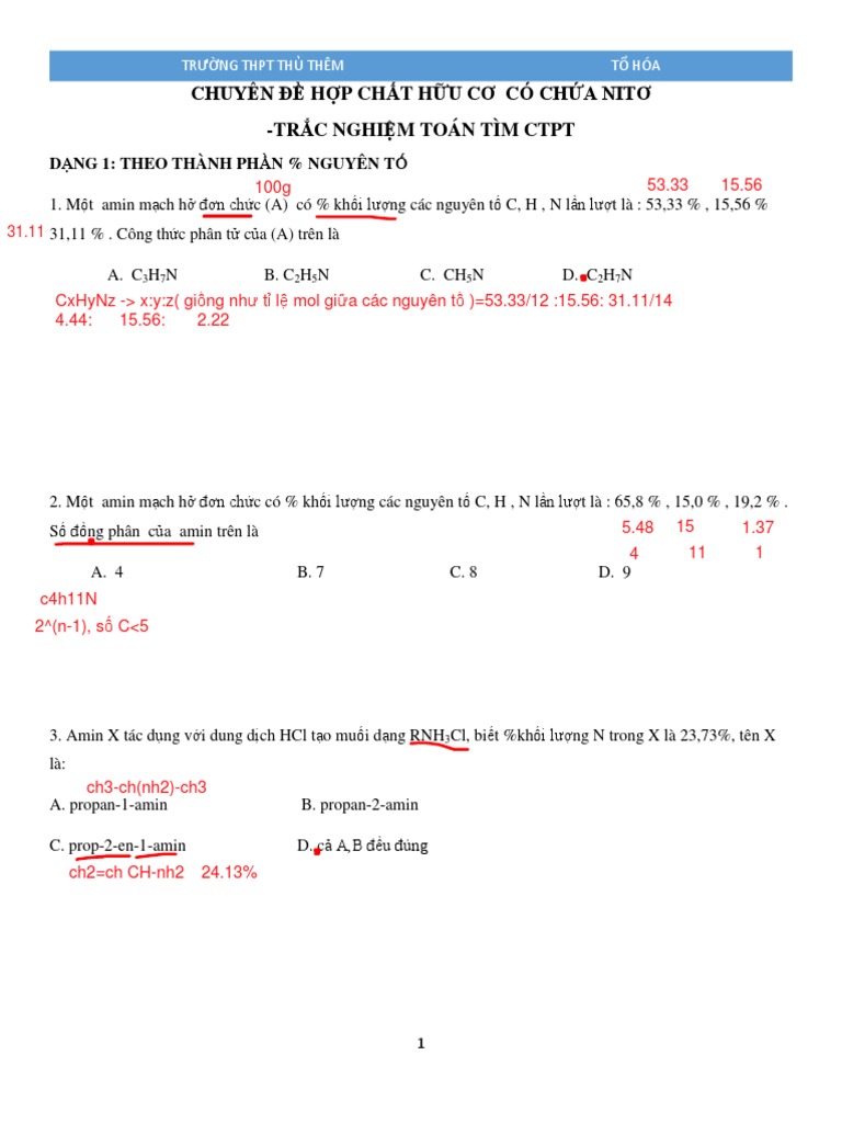 Chuyên Đề Hchc Có Chứa Nitơ (Toán Tìm Ctpt) | PDF